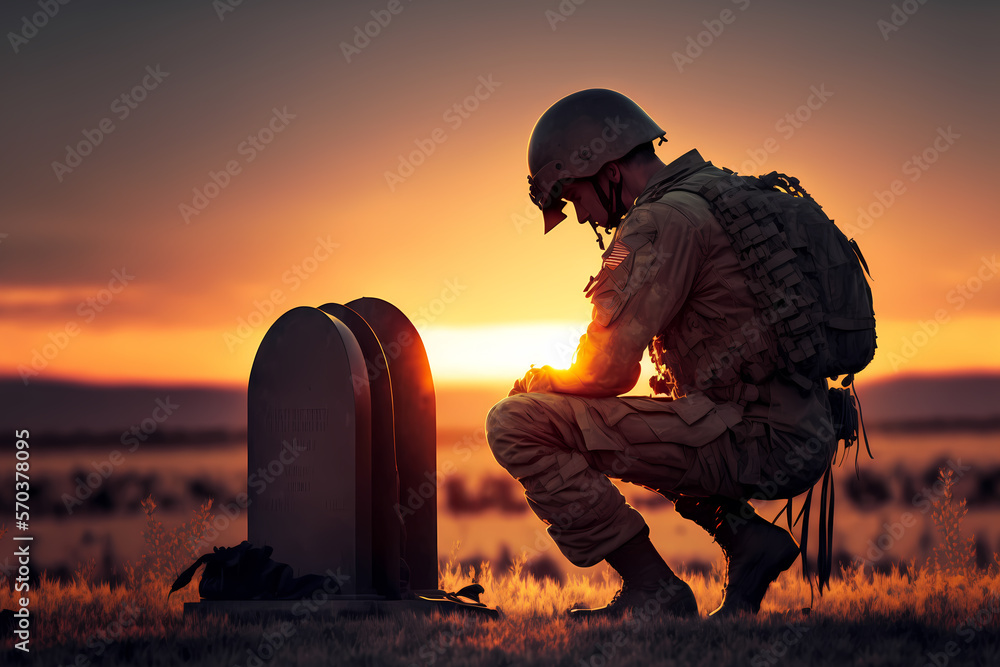 Military man kneeling of grave fallen soldier, sunset. Concept veteran ...