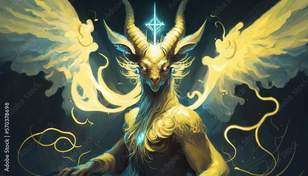 a painting of a demon with wings and a cross on it's chest, sitting in ...