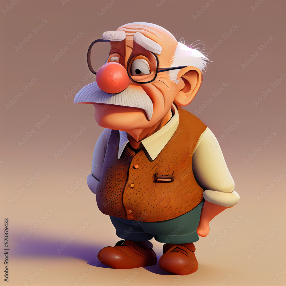Stylized cartoon character modest old man with glasses and white hair ...
