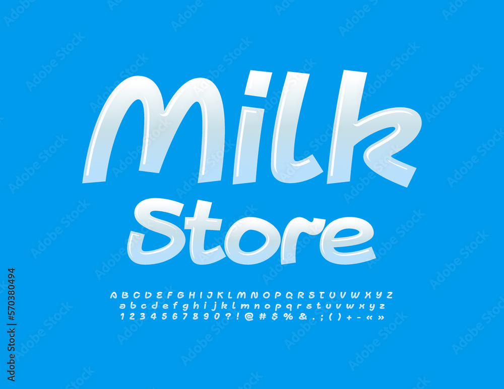Vector business logo Milk Store with handwritten Font. White glossy ...