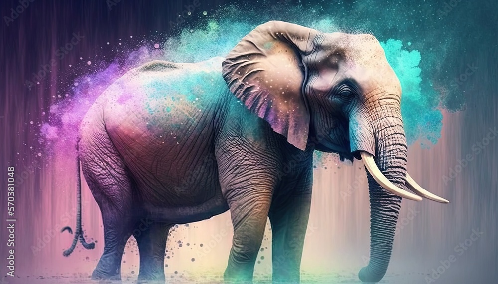 an elephant standing in the middle of a room with a blue and purple ...