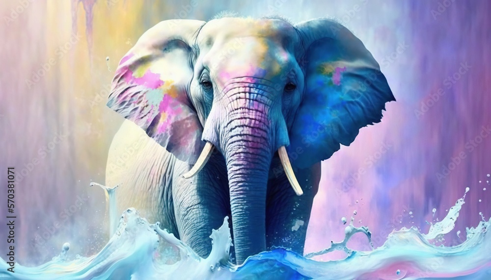 a painting of an elephant in the water with a splash of paint on it's ...