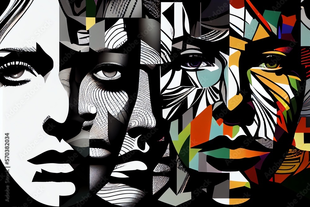 Abstract background with faces collage black and white and colours ...