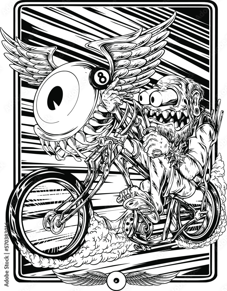 sketsa design lowrider custom bike and character vector illustration ...