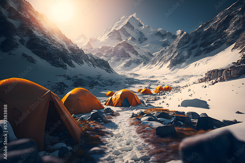 Tent camp and orange tents on the plateau of a mountain valley, the ...