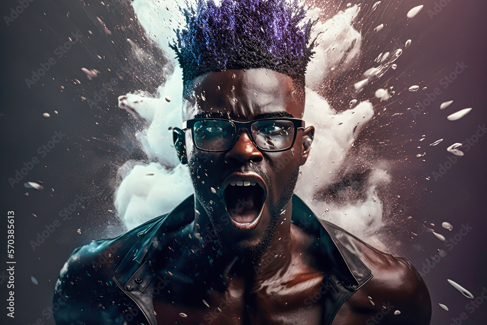 Portrait of angry and screaming annoyed futuristic african american man ...