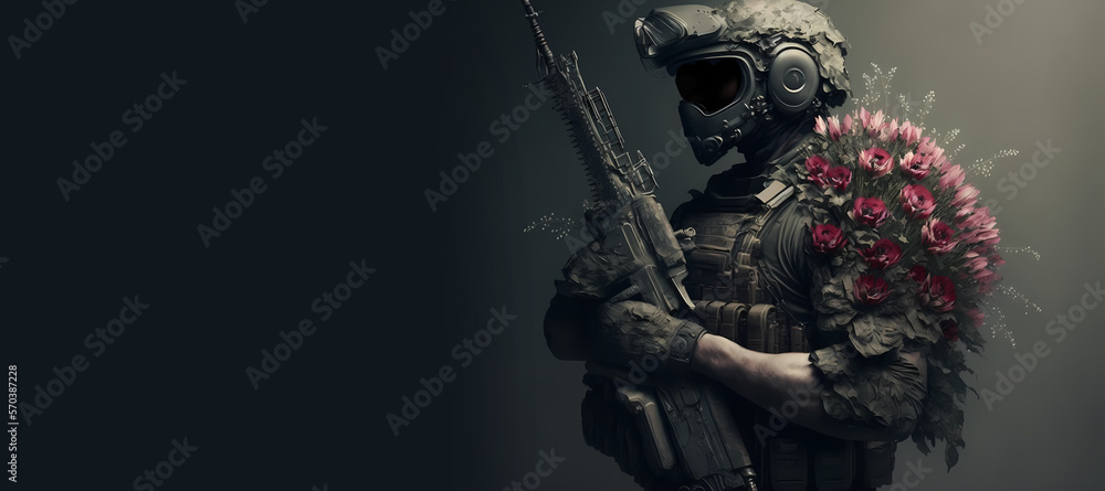 Image modern soldier with weapons and flowers. Concept banner pacifism ...
