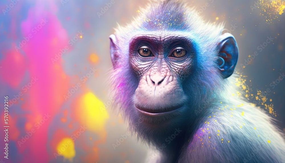 a painting of a monkey with a blue face and a pink nose and a yellow ...