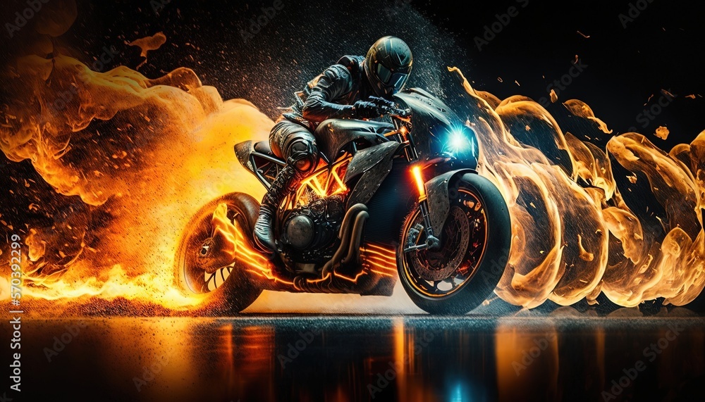 a man riding a motorcycle on a fire filled road with bright orange and ...