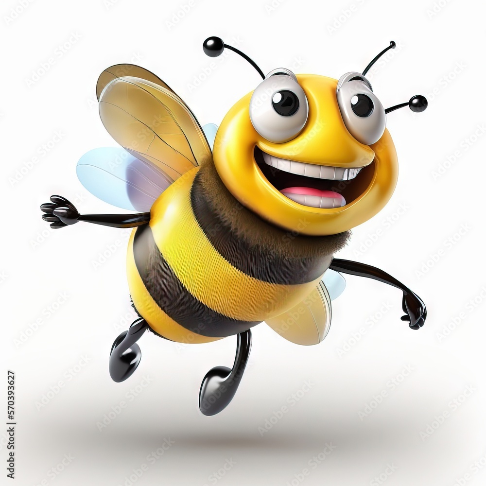 a cartoon bee with a happy face and arms, with one foot in the air and ...