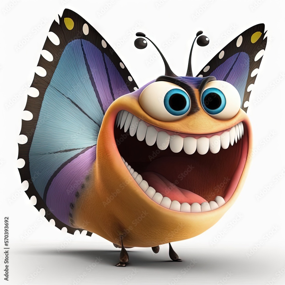 a cartoon butterfly with big blue eyes and a big smile on its face ...