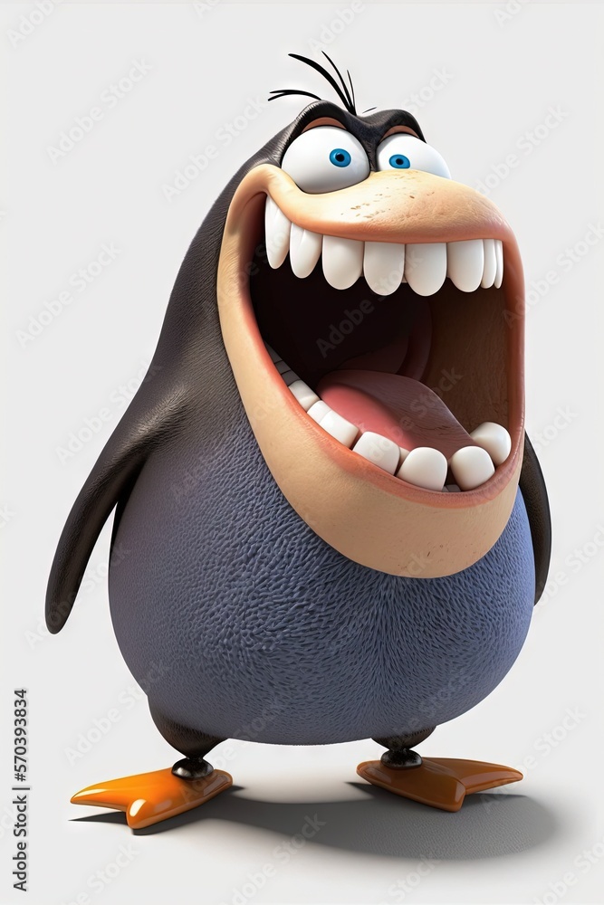 a cartoon penguin with its mouth open and teeth wide open, with one ...