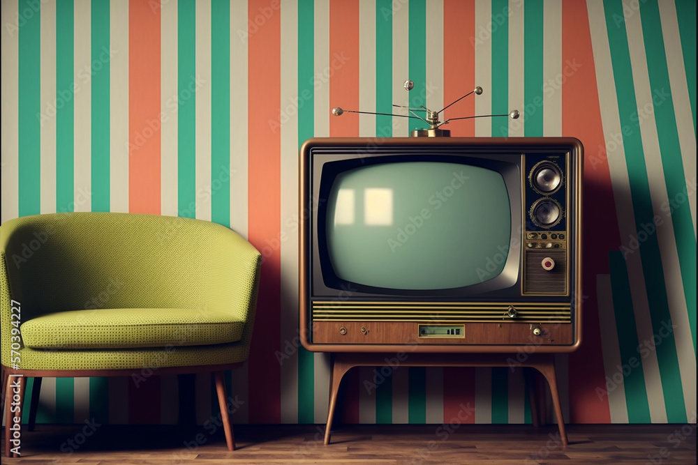 60's retro american style living room interior, old tv, retro wallpaper ...