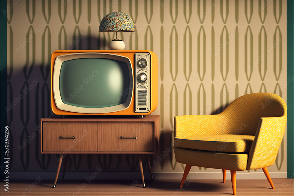 60's retro american style living room interior, old tv, retro wallpaper ...