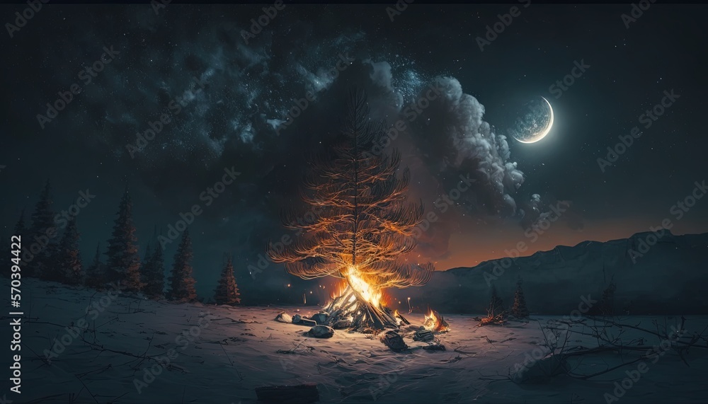 a campfire in the middle of a snowy field at night with the moon in the ...