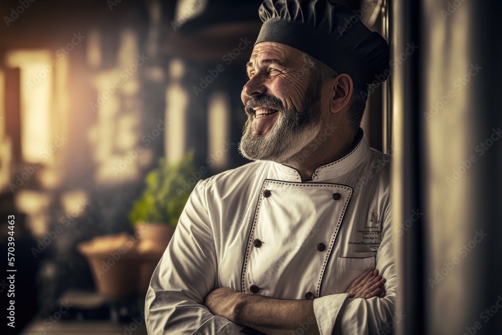 Collage of an experienced older chef in a chef's hat and white uniform ...