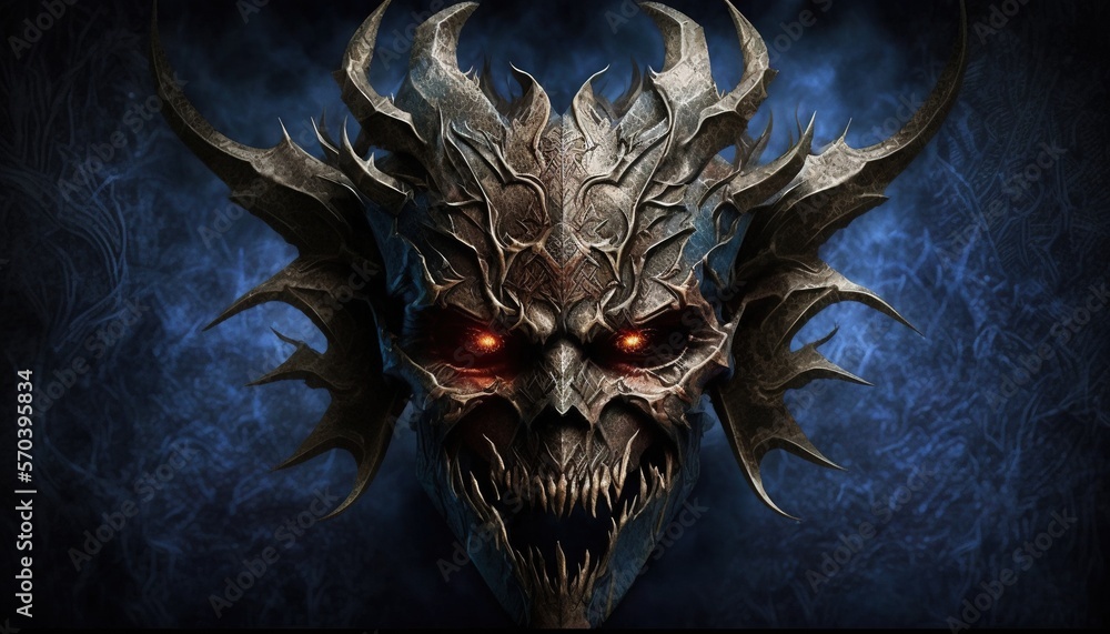 a demonic mask with red eyes on a blue background with a black ...