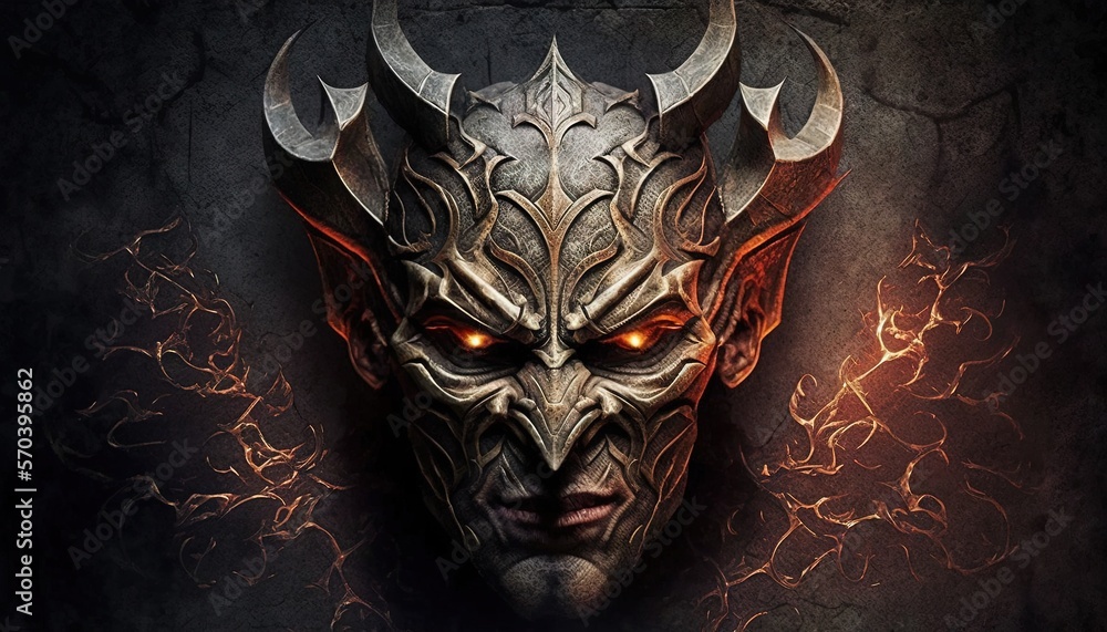 a demonic mask with horns and glowing eyes on a dark background with a ...