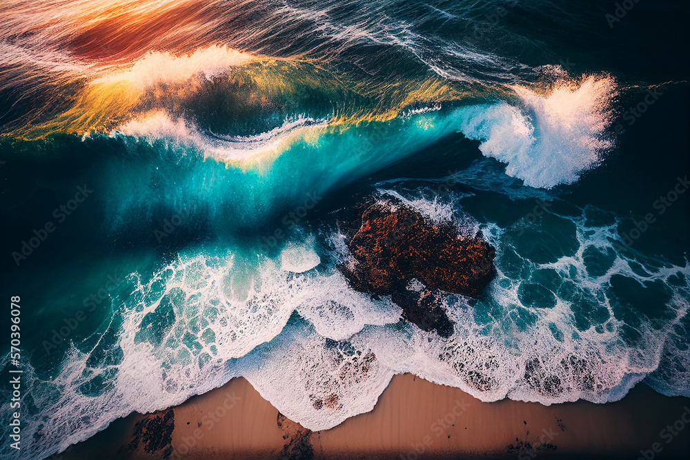 Waves in sea, top view. Seashore sea waves, bright beach, seaside. Wave ...