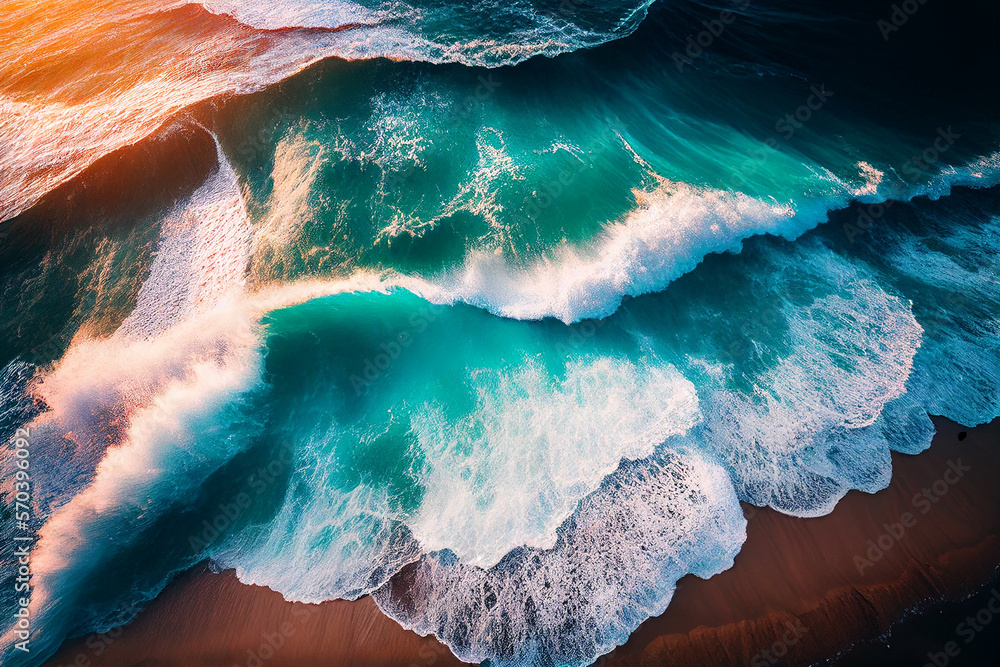 Waves in sea, top view. Seashore sea waves, bright beach, seaside. Wave ...
