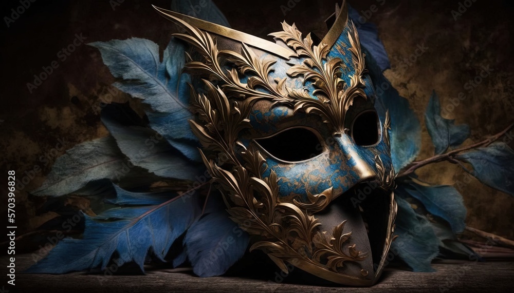 a blue and gold masquerade with leaves on a dark background with copy ...