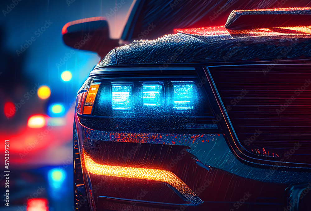 Police car in New York. Police car with red and blue emergency lights ...