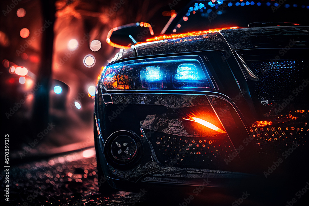 Police car in New York. Police car with red and blue emergency lights ...