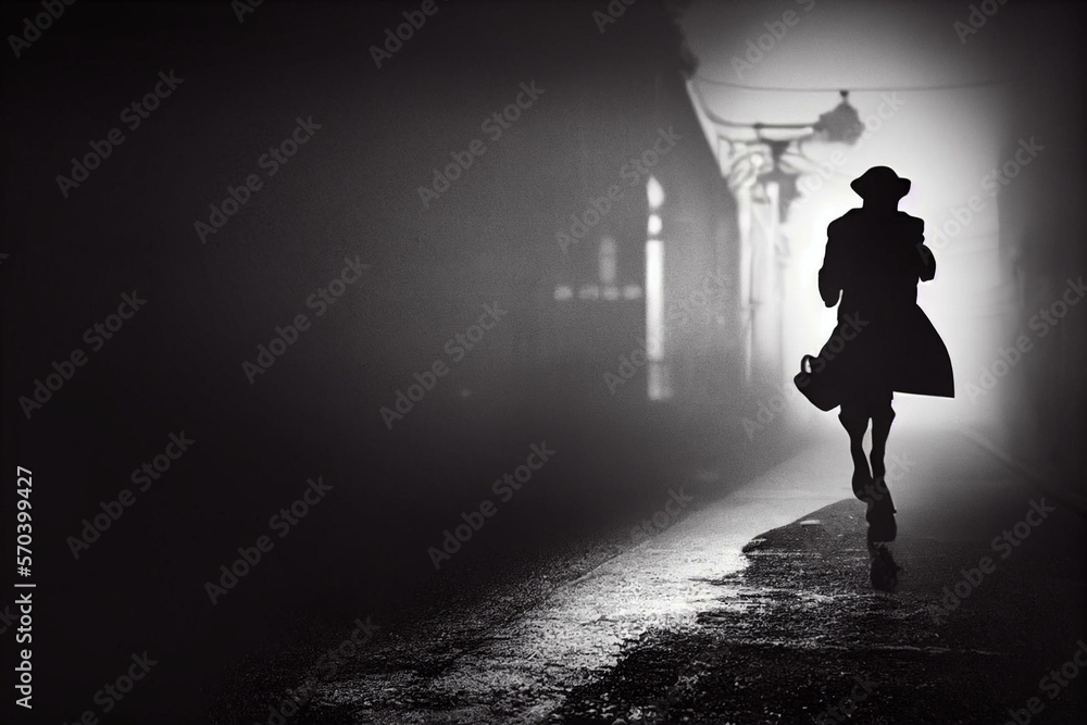 Shadowy figure running in the dark, motion blur, noir aesthetic, black and white, crime, thief ...
