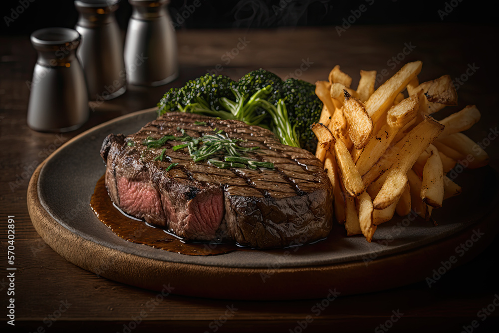 Gourmet steak with french fries and broccoli, restaurant menu image ...
