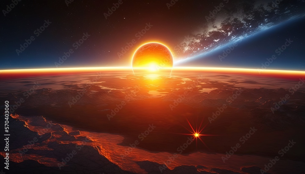 the sun rising over the horizon of a planet with a star in the sky and ...