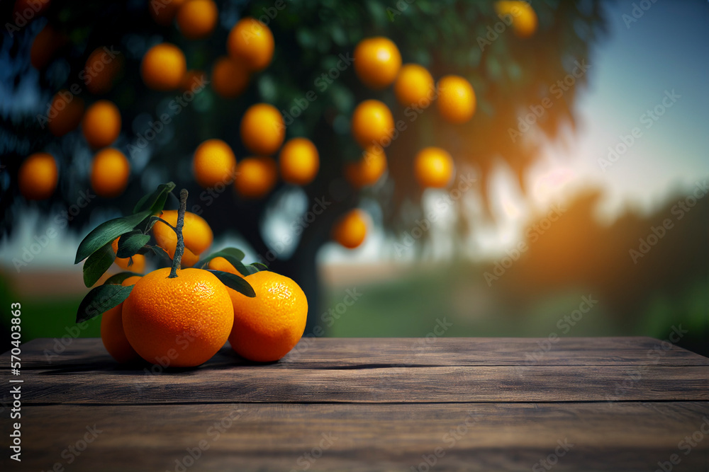 Wooden table and orange trees for product and merchandise display ...