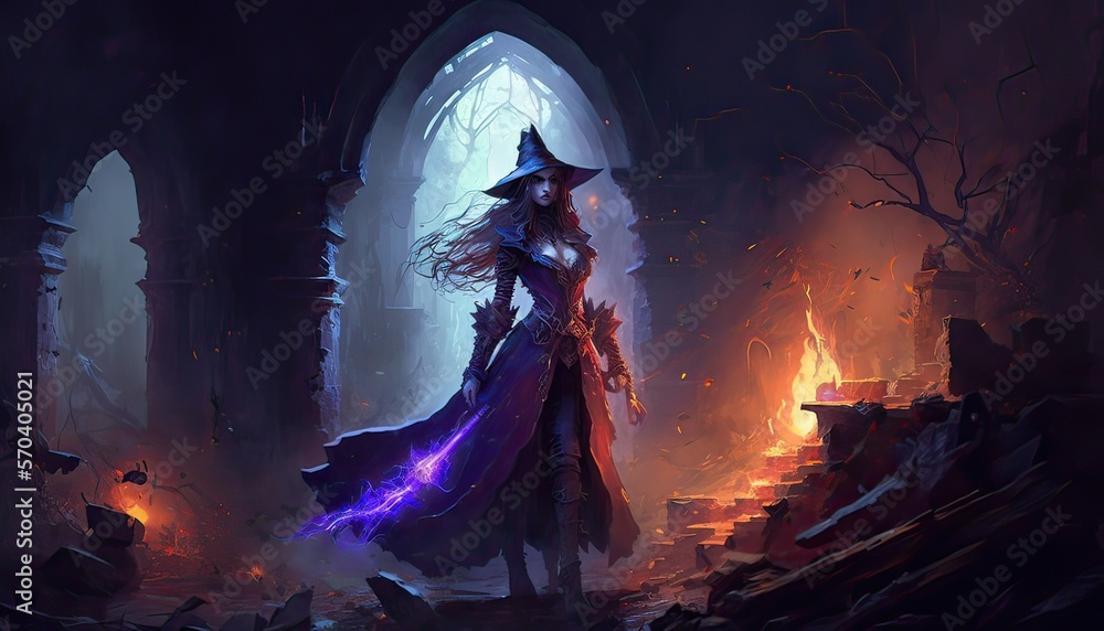 Sorceress battles evil warlock in ruined castle. Illustration fantasy ...