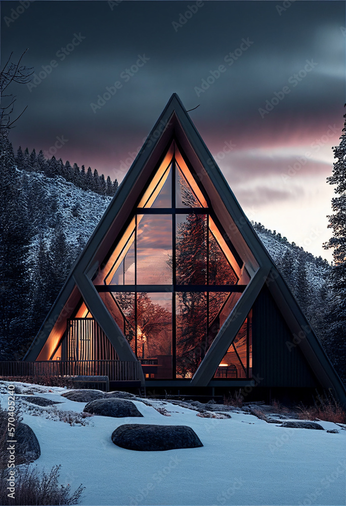 Minimalist photo of an a-frame house, modern architecture, nature ...
