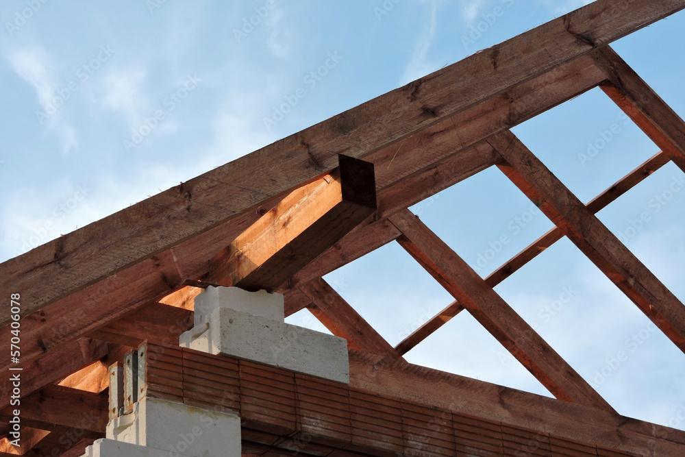 Wooden rafters and a wall plate, walls made of autoclaved aerated ...
