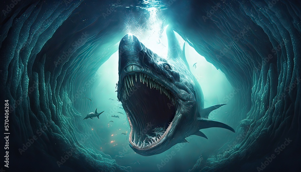Leviathan swims in deep ocean trench. Illustration fantasy by ...