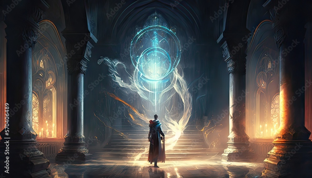 Sorcerer creates illusions in grand hall. Illustration fantasy by ...