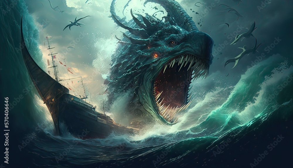 Sea serpent attacks ships in treacherous waters. Illustration fantasy ...
