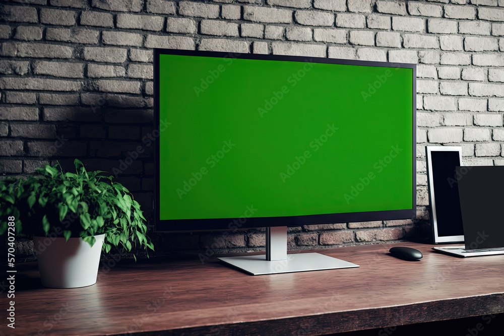Desktop Computer Monitor with Mock Up Green Screen Standing on a Wooden ...