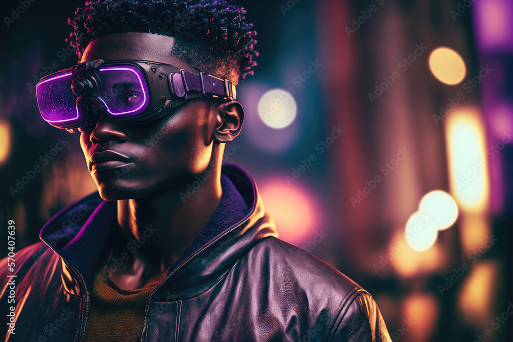 African man wearing virtual reality goggles standing in virtual world ...