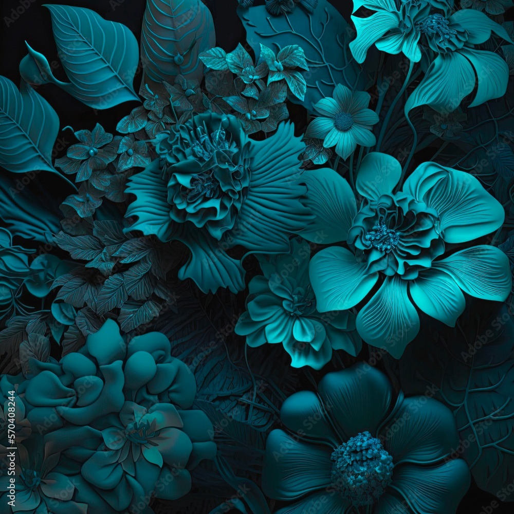 Monochrome art of different beautiful blue flowers and fresh leaves as ...