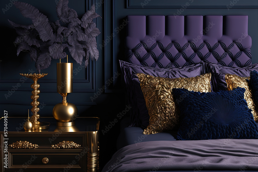 Luxury navy blue violet colors in the interior design bedroom. Dark ...