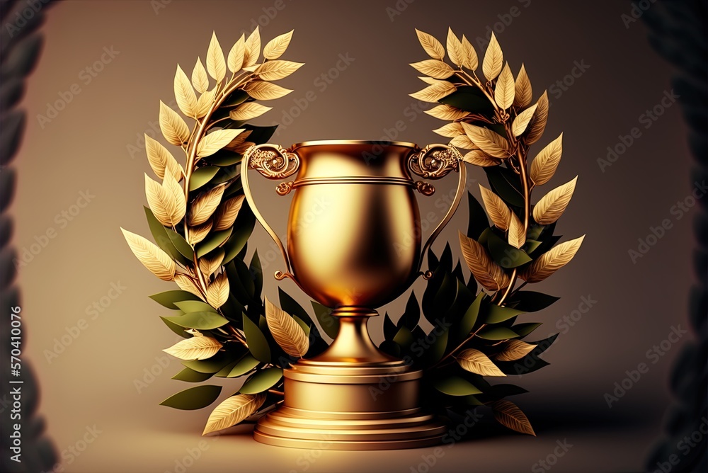 Image of a realistic laurel wreath adorning a golden cup, used as a ...