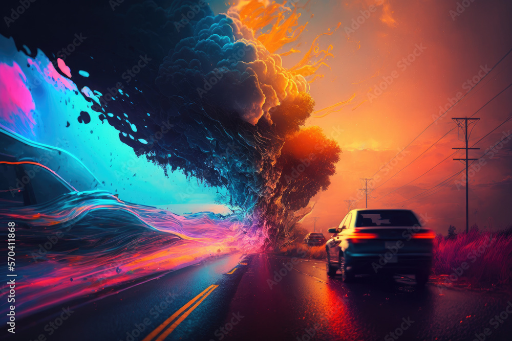 Car driving on the road, with huge explosion in background - AI ...