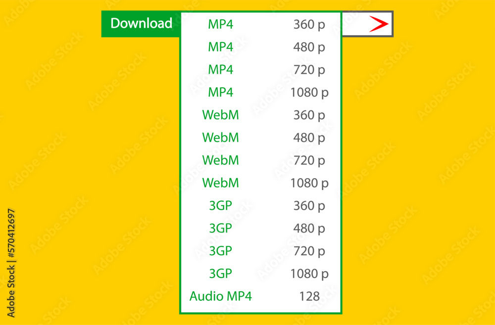 drop-down green menu with video formats and resolution from the search ...