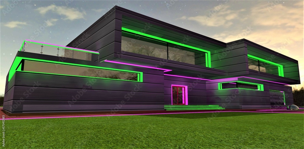 Purple and green LED illumination of the back facade of the private ...