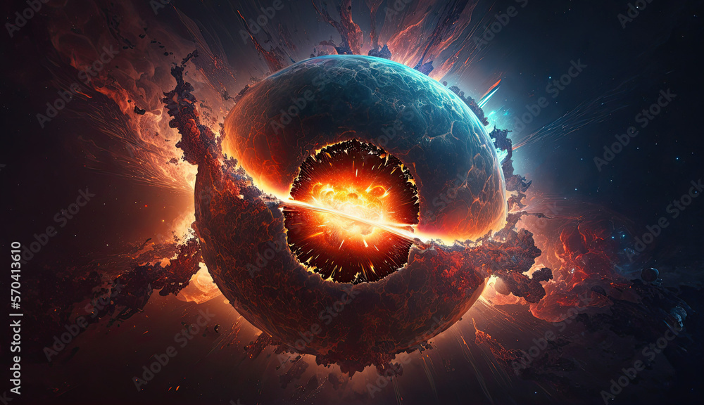explosion of a planet in outer space from a collision with a meteorite ...