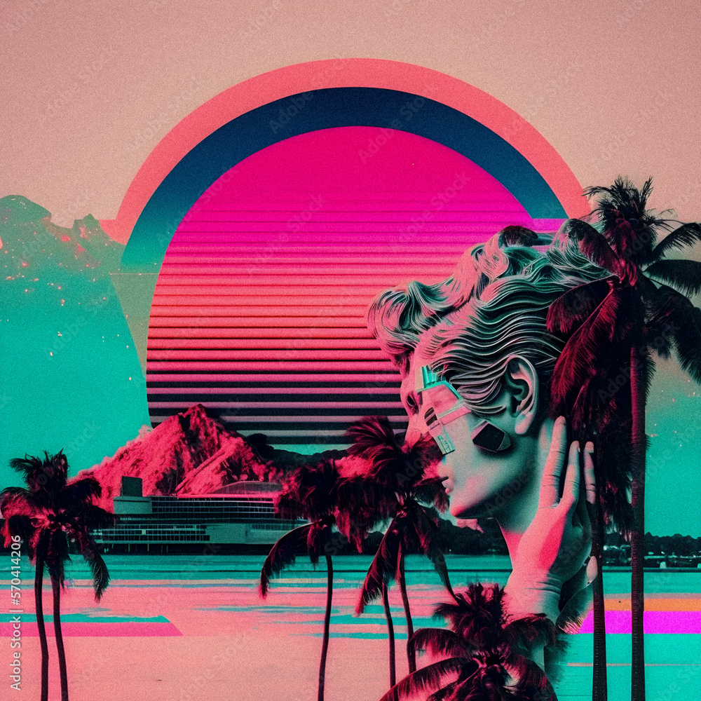 Beach landscape with waves, collage art, vintage granular texture ...