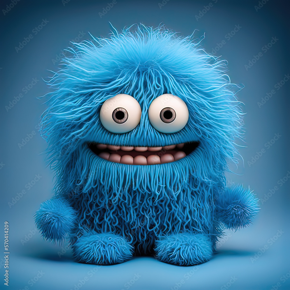 Cute happy monster smiling. Kawaii furry friendly blue monster with big ...