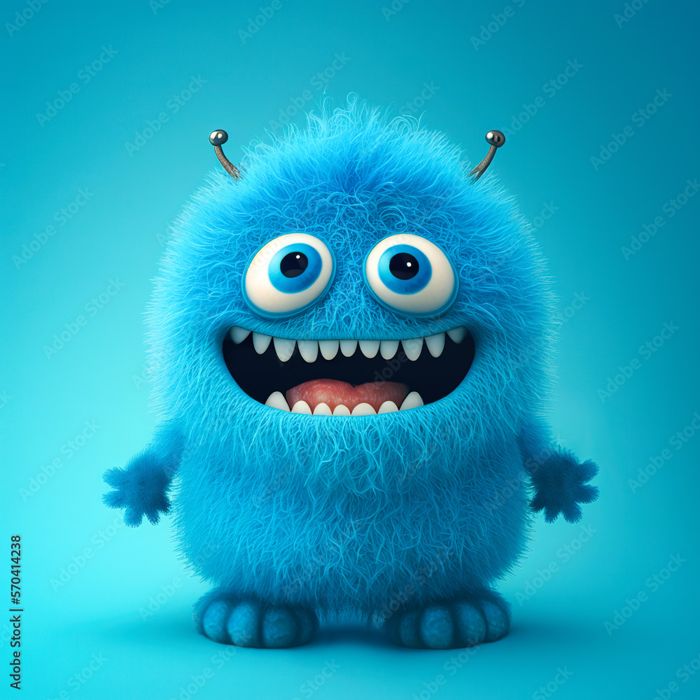 Cute happy monster smiling. Kawaii furry friendly blue monster with big ...