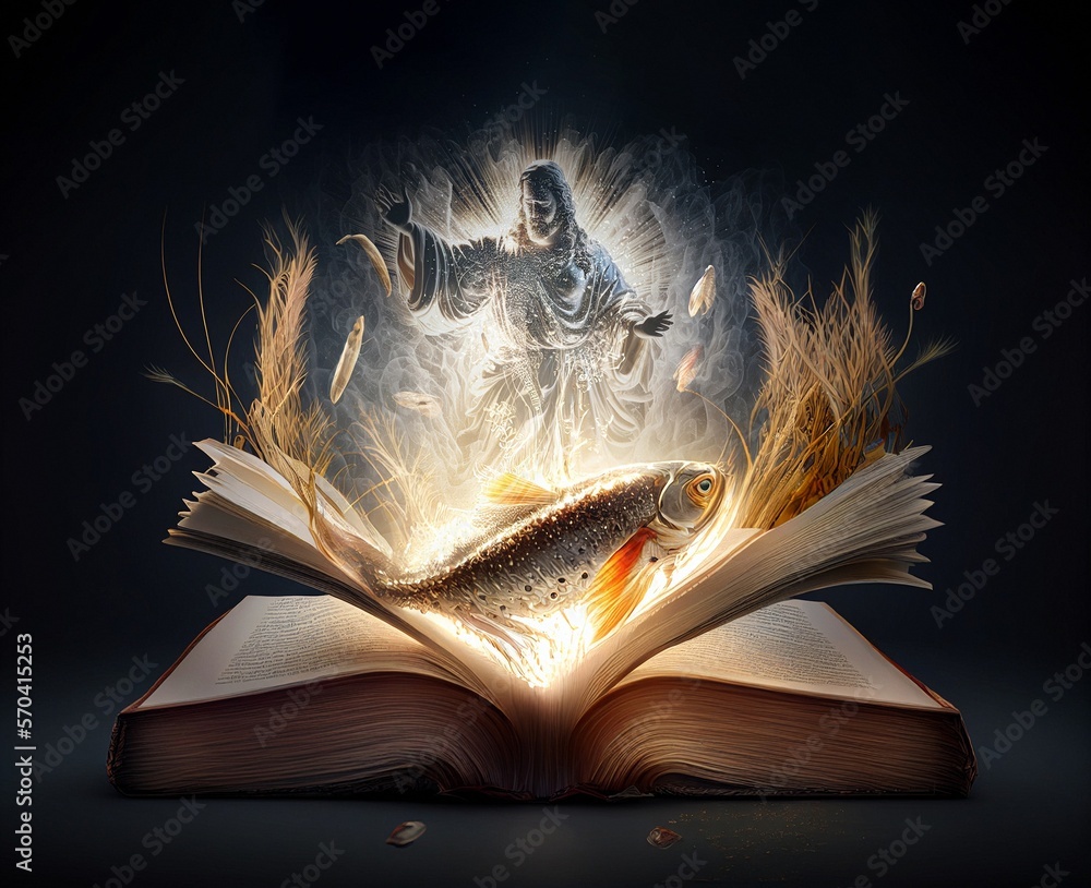 jesus christ coming out of the book of the bible, wrapped in glowing ...